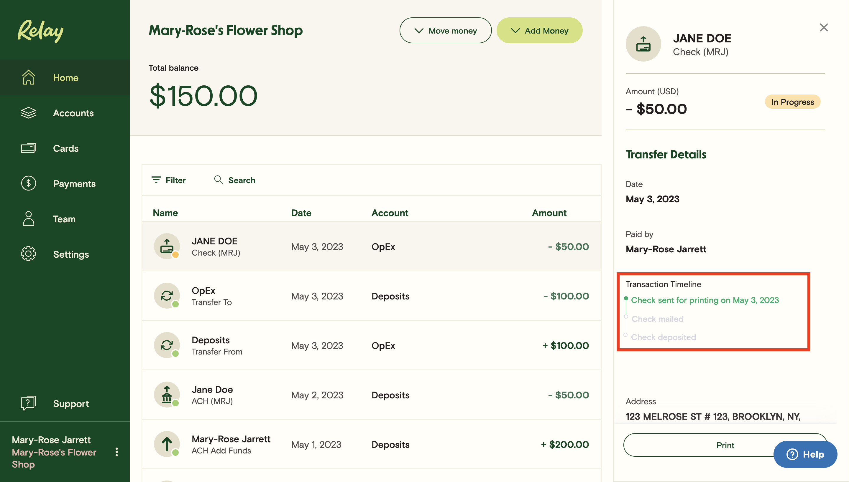 Sending a check payment – Relay Financial