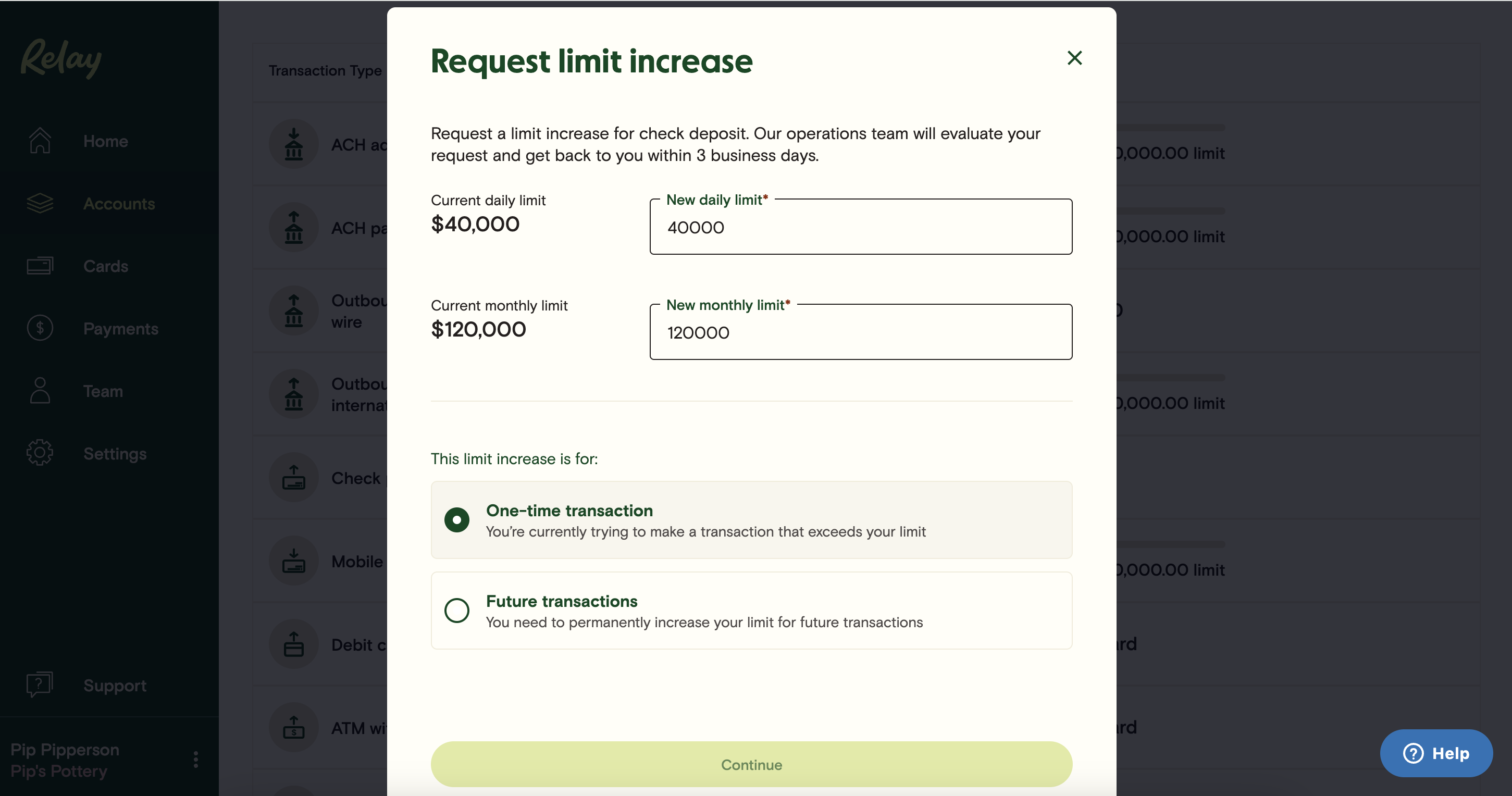 Requesting a transaction limit increase – Relay Financial