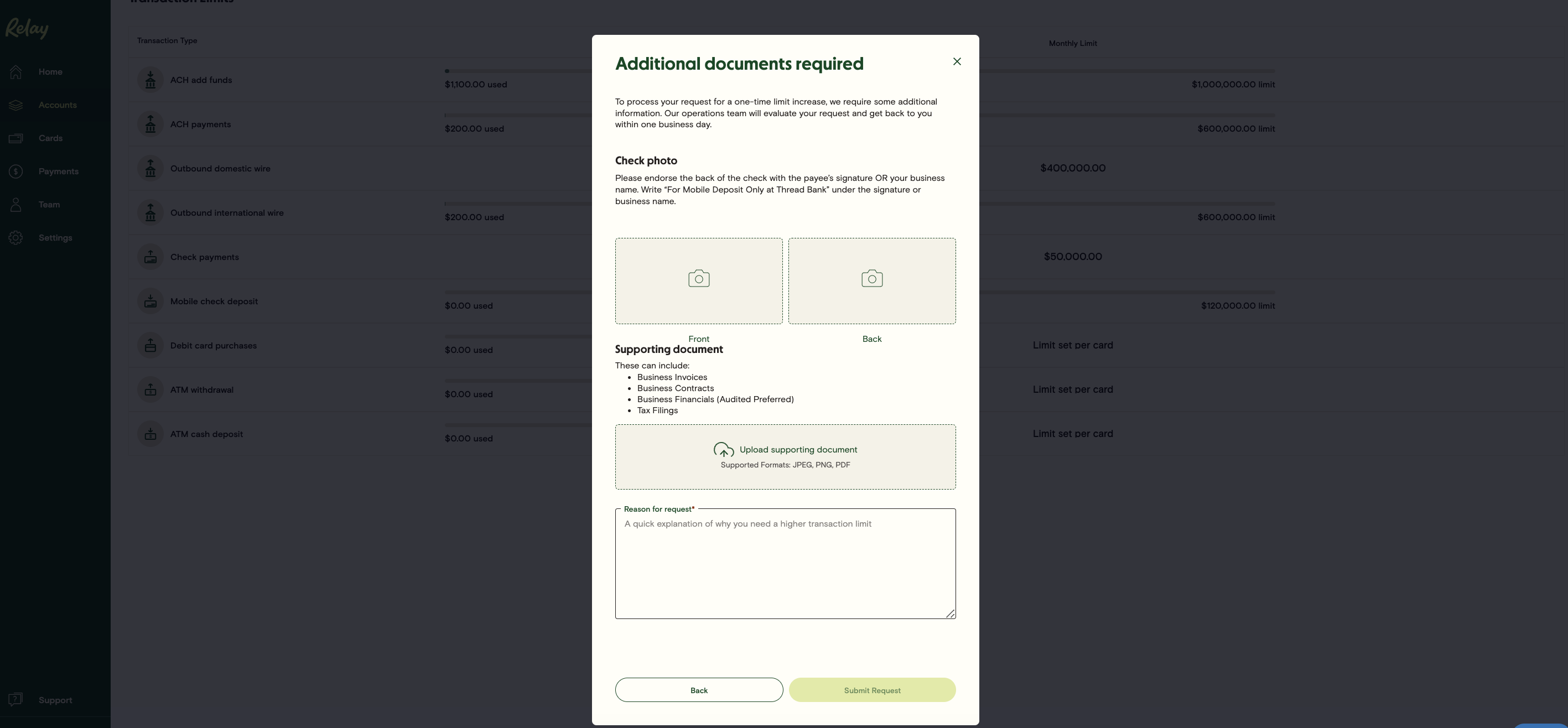 Requesting a transaction limit increase – Relay Financial